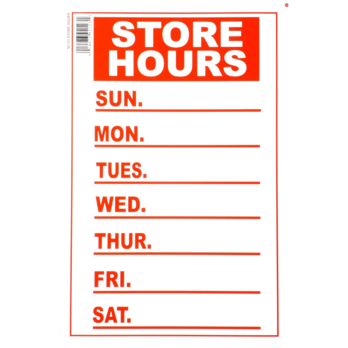 8" x 12" Styrene Plastic "Store Hours" Signs — Fastener Line