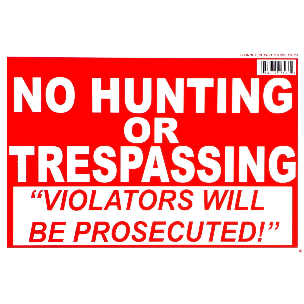 8" x 12" Styrene Plastic "No Hunting/Trespassing" Signs — Fastener Line